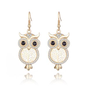 cute owl drop earrings with cz crystal for women girls - clear diamante animal dangle earring, anti-allergy statement costume jewelry