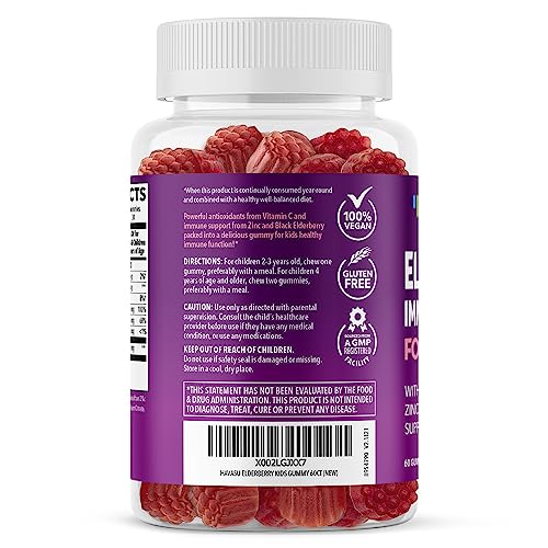 Elderberry Gummies for Kids with Zinc and Vitamin C | Potent, Herbal Immune Support for Kids with Antioxidants to Support Immune Defense | 60 Vegan Elderberry Vitamin C and Zinc Kids Immune Gummies