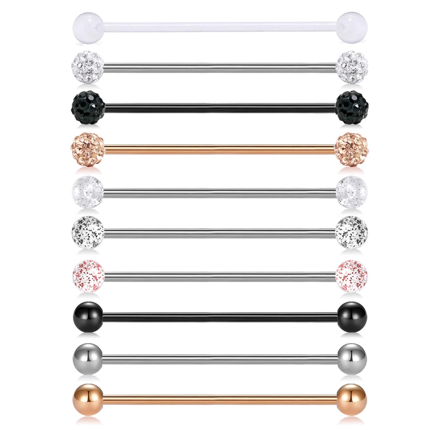 MODRSA 10pcs 14G Stainless Steel Industrial Barbell Earring Cartilage Body Piercing Jewelry 32mm Industrial Piercing Bar