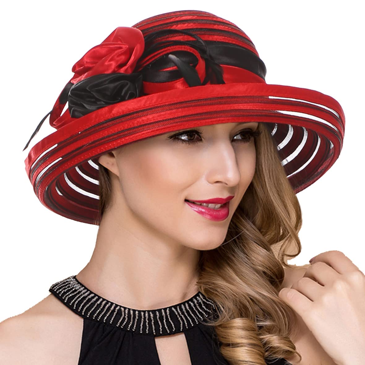 Women Kentucky Derby Church Dress Bucket Hat Fascinators Bridal Tea Party Wedding Hat (S027-Red)