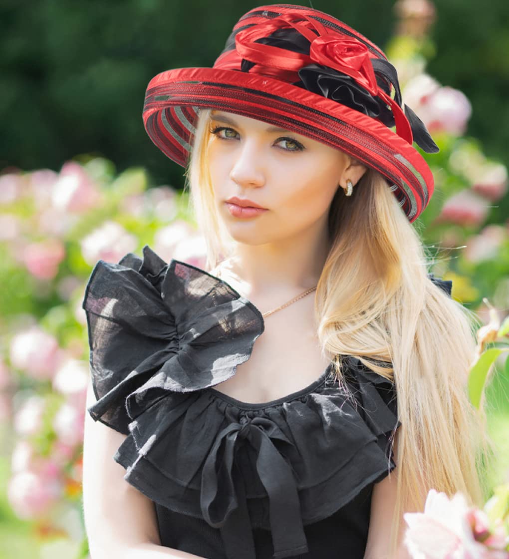 Women Kentucky Derby Church Dress Bucket Hat Fascinators Bridal Tea Party Wedding Hat (S027-Red)