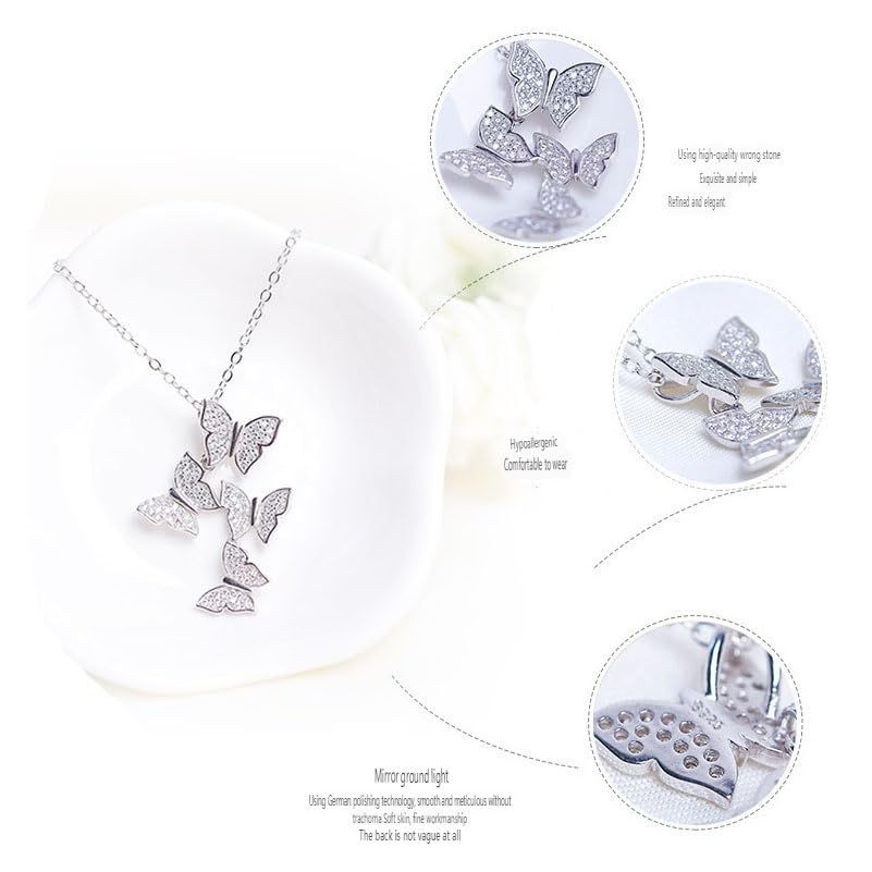 XINSHUN Real 925 Sterling Silver Long Zircon Butterfly Necklaces Necklace for Women Ladies