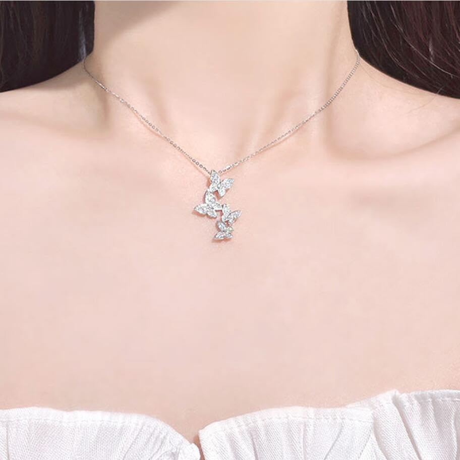 XINSHUN Real 925 Sterling Silver Long Zircon Butterfly Necklaces Necklace for Women Ladies