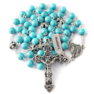 hanlincc turquoise beads catholic rosary necklace with anti-silver plated fatima center piece and crucifix with blue color leather gift box