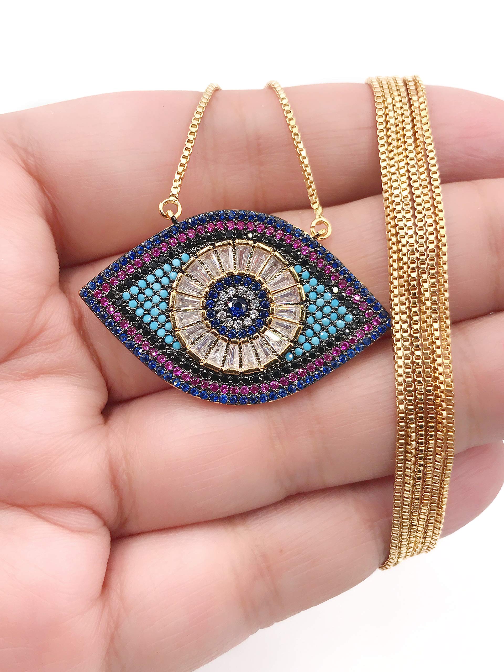 LESLIE BOULES Evil Eye Necklace for Women 18K Gold Plated Sliding Chain Protection Jewelry (FASHION)