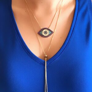 LESLIE BOULES Evil Eye Necklace for Women 18K Gold Plated Sliding Chain Protection Jewelry (FASHION)