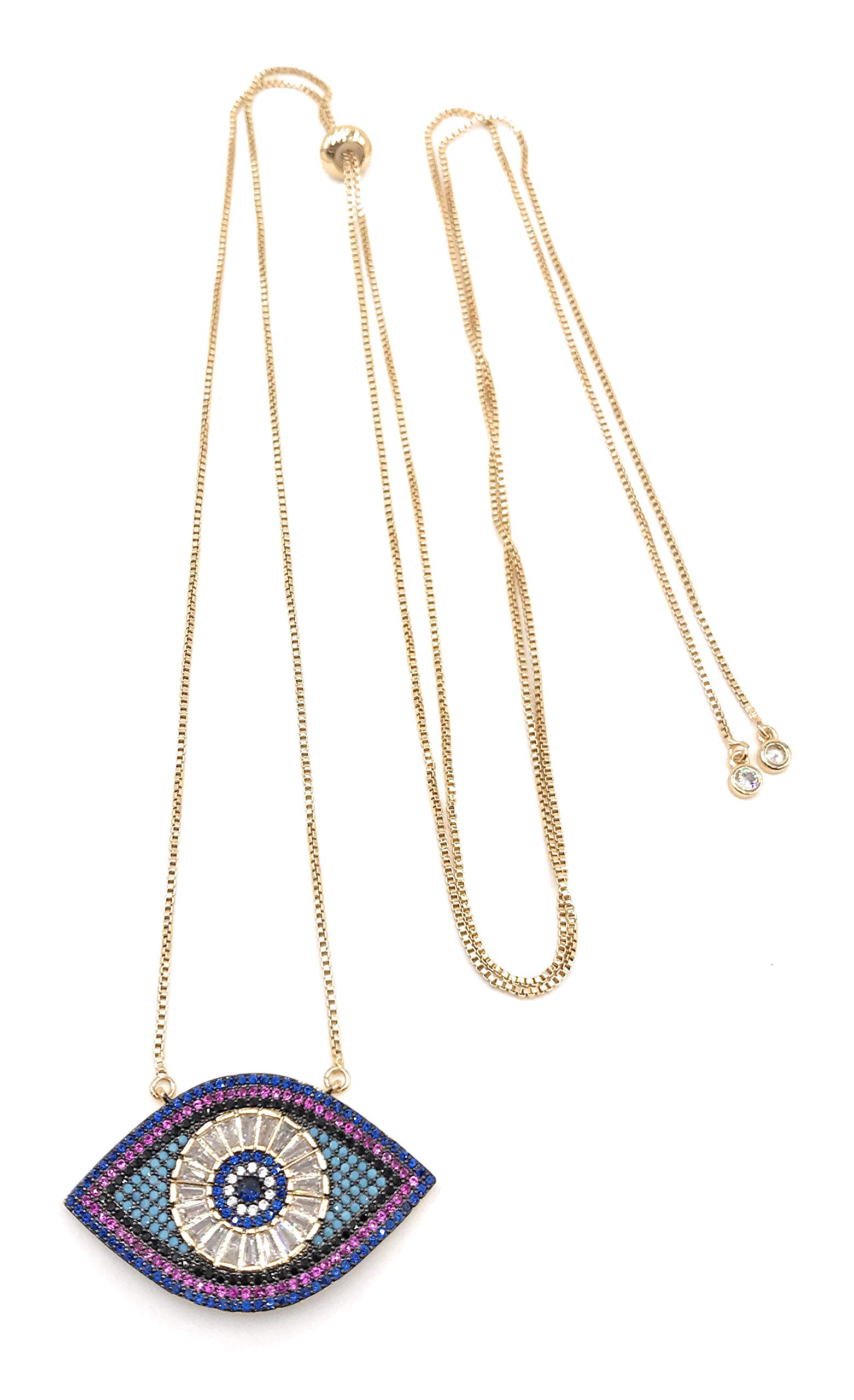 LESLIE BOULES Evil Eye Necklace for Women 18K Gold Plated Sliding Chain Protection Jewelry (FASHION)