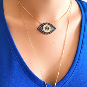 LESLIE BOULES Evil Eye Necklace for Women 18K Gold Plated Sliding Chain Protection Jewelry (FASHION)