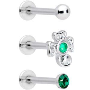 body candy 3pc 16g womens 316l steel green accent shamrock labret monroe lip ring cartilage tragus 5/16"