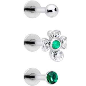 Body Candy 3PC 16G Womens 316L Steel Green Accent Shamrock Labret Monroe Lip Ring Cartilage Tragus 5/16"