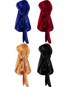 4 pieces men's velvet durag with long tail soft durag headwraps for 360 waves (royal blue, red, gold, black)