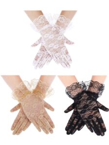 skylety 3 pairs women lace floral gloves elegant short lace gloves ladies tea party gloves for opera wedding diner party(black, white, beige)