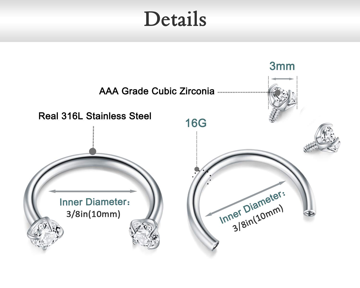 FECTAS Cartilage Earring Stud Forward-Helix Earrings-Internal Threaded Labret Lip Medusa Piercing Ring 16G