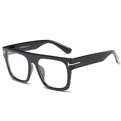 Jurchio Unisex Stylish Square Non-prescription Eyeglasses Glasses Flat Top Big Eyeglass Frames Large lens Clear Lens Eyewear (Black)