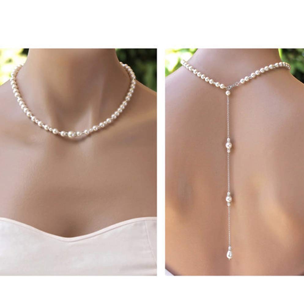 1PCS Exquisite Imitation Pearls Necklace Sexy Tassel Backdrop Necklace Long Body Chain Pendant Backless Dress Accessories Decoration Bikini Bodychain for Women Girls Wedding Brides and Prom