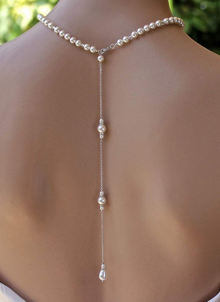 1PCS Exquisite Imitation Pearls Necklace Sexy Tassel Backdrop Necklace Long Body Chain Pendant Backless Dress Accessories Decoration Bikini Bodychain for Women Girls Wedding Brides and Prom