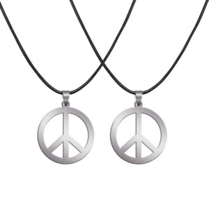 Sunshane 2 Pack Hippie Style Peace Sign Necklace Hippie Party Dressing Accessories, Silver