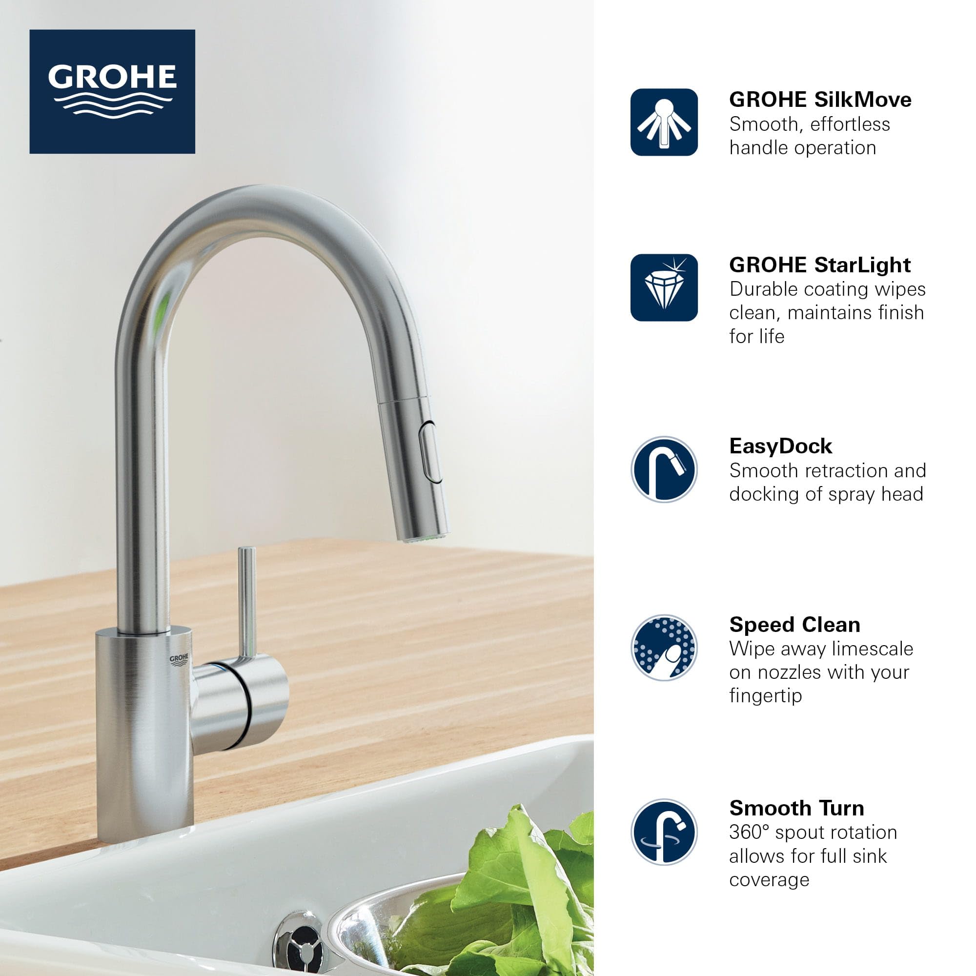 GROHE 32665DC3 Concetto Pull-Down Kitchen Faucet with sprayer Supersteel (Stainless Steel)