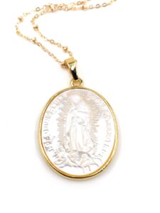 leslie boules mother of pearl guadalupe medal pendant necklace for women 18k gold plated chain