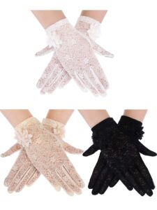 3 pairs women lace gloves dress gloves floral lace gloves for tea party wedding dinner(black, white, skin color)