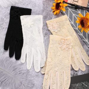 3 Pairs Women Lace Gloves Dress Gloves Floral Lace Gloves for Tea Party Wedding Dinner(Black, White, Skin Color)