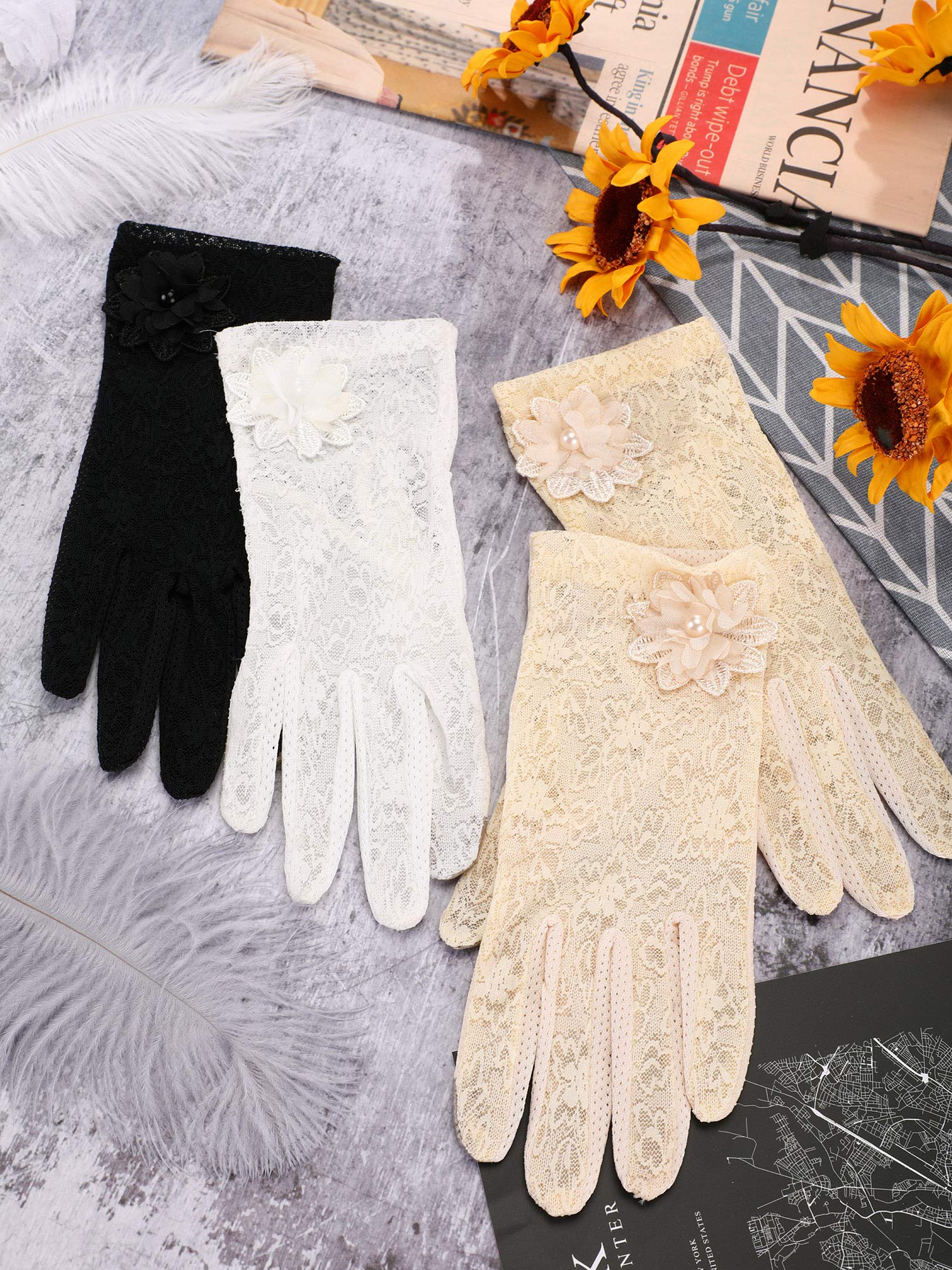 3 Pairs Women Lace Gloves Dress Gloves Floral Lace Gloves for Tea Party Wedding Dinner(Black, White, Skin Color)