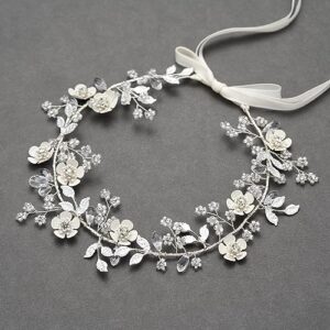 SWEETV Silver Wedding Headband Crystal Bridal Headpieces for Bride Flower Hair Accessories for Women Flower Girl Hair Vine