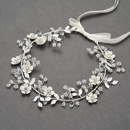 SWEETV Silver Wedding Headband Crystal Bridal Headpieces for Bride Flower Hair Accessories for Women Flower Girl Hair Vine