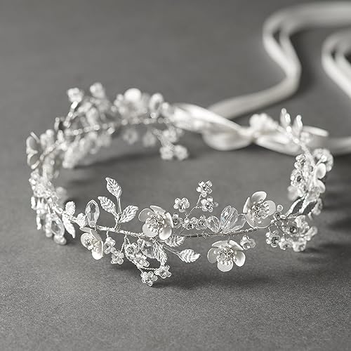 SWEETV Silver Wedding Headband Crystal Bridal Headpieces for Bride Flower Hair Accessories for Women Flower Girl Hair Vine