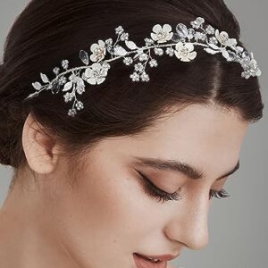 SWEETV Silver Wedding Headband Crystal Bridal Headpieces for Bride Flower Hair Accessories for Women Flower Girl Hair Vine