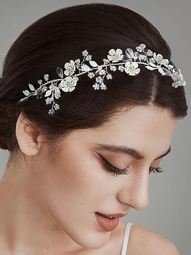 SWEETV Silver Wedding Headband Crystal Bridal Headpieces for Bride Flower Hair Accessories for Women Flower Girl Hair Vine