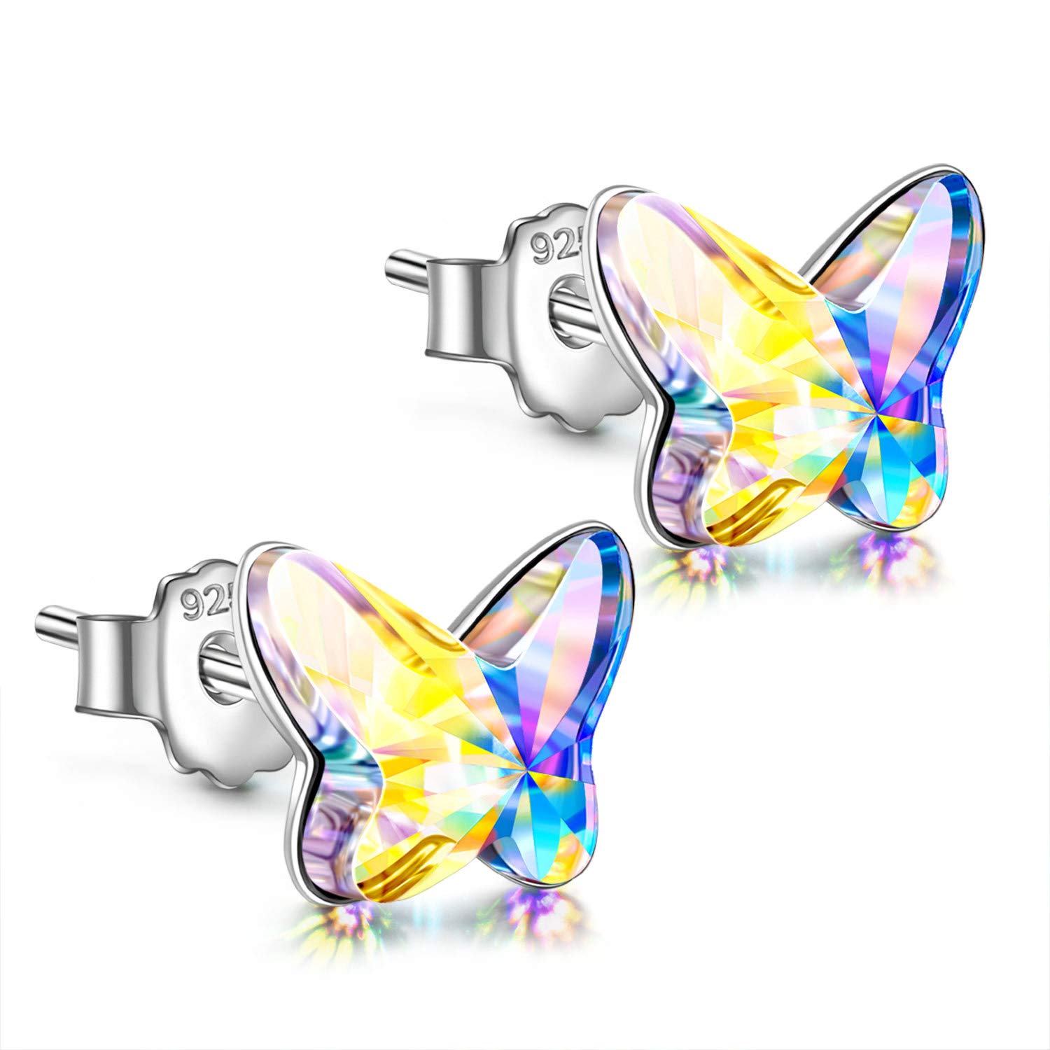 ANGEL NINA Butterfly Earrings for Women Sterling Silver Stud Crystal Hypoallergenic Women Jewelry Birthday Gifts Aurora Borealis