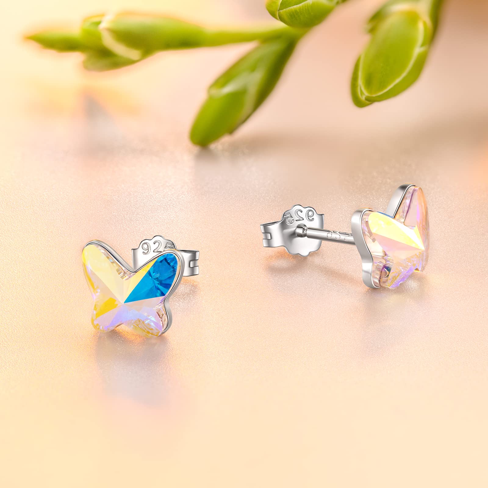 ANGEL NINA Butterfly Earrings for Women Sterling Silver Stud Crystal Hypoallergenic Women Jewelry Birthday Gifts Aurora Borealis