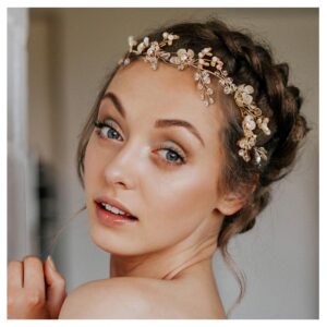 sweetv rose gold wedding headband for bride, floral bridal headband rhinestone headpiece wedding hair accessories