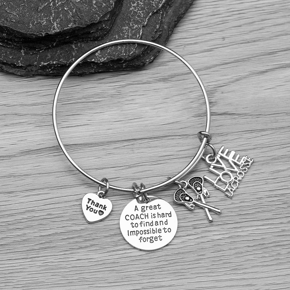 Sportybella Lacrosse Coach Bracelet - Lacrosse Jewelry for Coaches - Lacrosse Great Coach is Hard to Find But Impossible to Forget Bangle- Lax Coach Gift