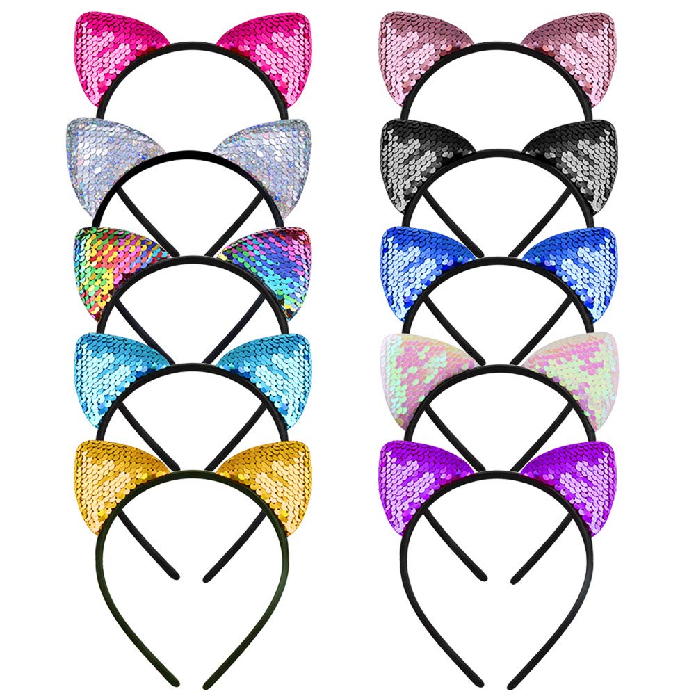 WXJ13 10 Pieces Cat Ears Headbands Reversible Sequins Headbands Hair Accessories for Girls and Women