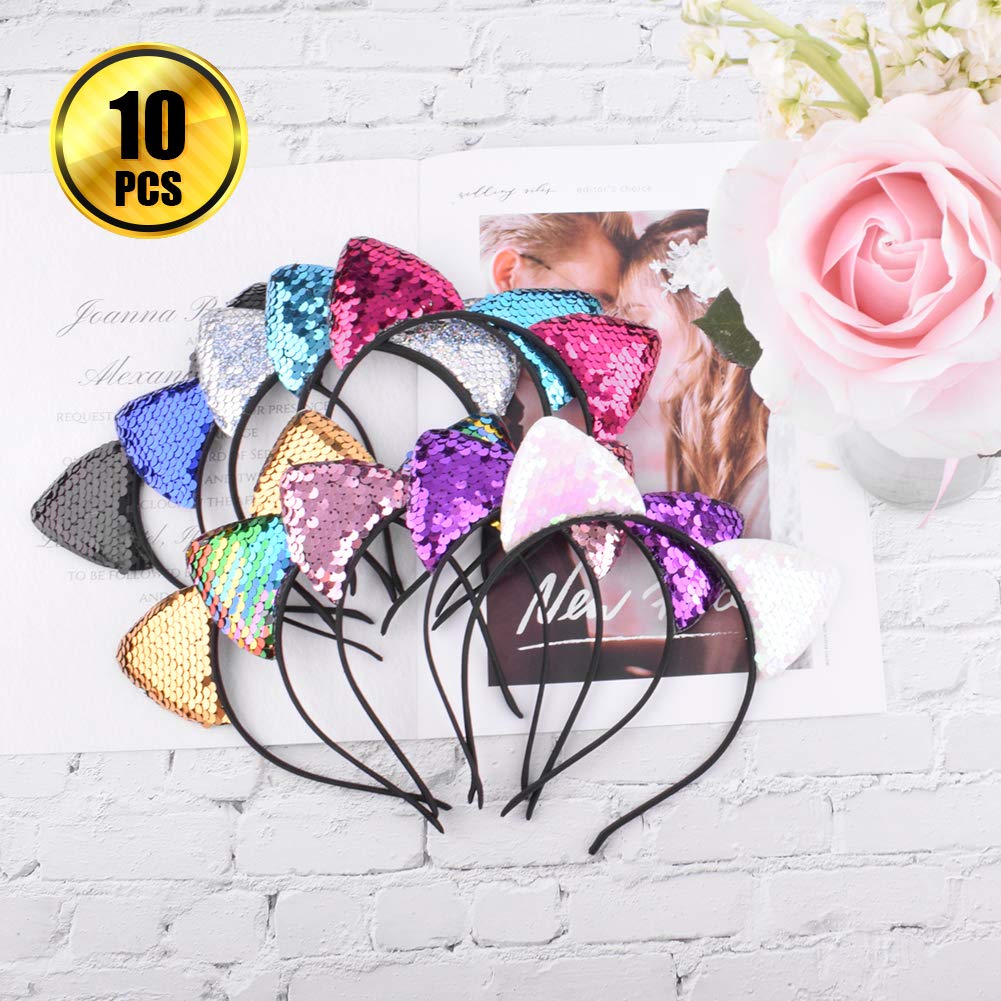 WXJ13 10 Pieces Cat Ears Headbands Reversible Sequins Headbands Hair Accessories for Girls and Women