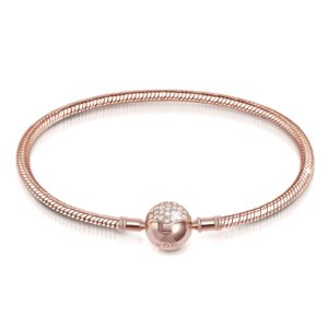 gnoce charm bracelet sterling silver rose gold plated diy snake chain endearing gifts for her basic charm bracelet dainty bangle with crystal round shape clasp (2rose gold, 7.5)