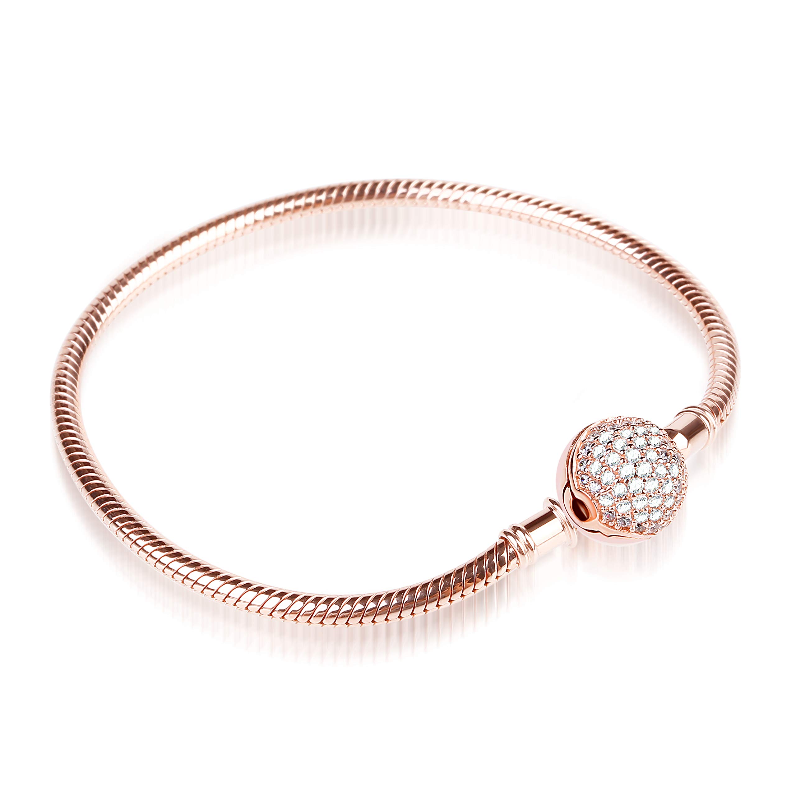 GNOCE Charm Bracelet Sterling Silver Rose Gold Plated DIY Snake Chain Endearing Gifts For Her Basic Charm Bracelet Dainty Bangle with Crystal Round Shape Clasp (2Rose Gold, 7.5)