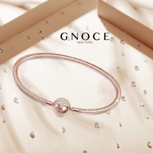 GNOCE Charm Bracelet Sterling Silver Rose Gold Plated DIY Snake Chain Endearing Gifts For Her Basic Charm Bracelet Dainty Bangle with Crystal Round Shape Clasp (2Rose Gold, 7.5)