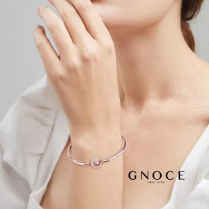 GNOCE Charm Bracelet Sterling Silver Rose Gold Plated DIY Snake Chain Endearing Gifts For Her Basic Charm Bracelet Dainty Bangle with Crystal Round Shape Clasp (2Rose Gold, 7.5)