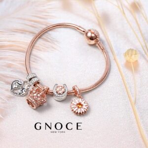 GNOCE Charm Bracelet Sterling Silver Rose Gold Plated DIY Snake Chain Endearing Gifts For Her Basic Charm Bracelet Dainty Bangle with Crystal Round Shape Clasp (2Rose Gold, 7.5)