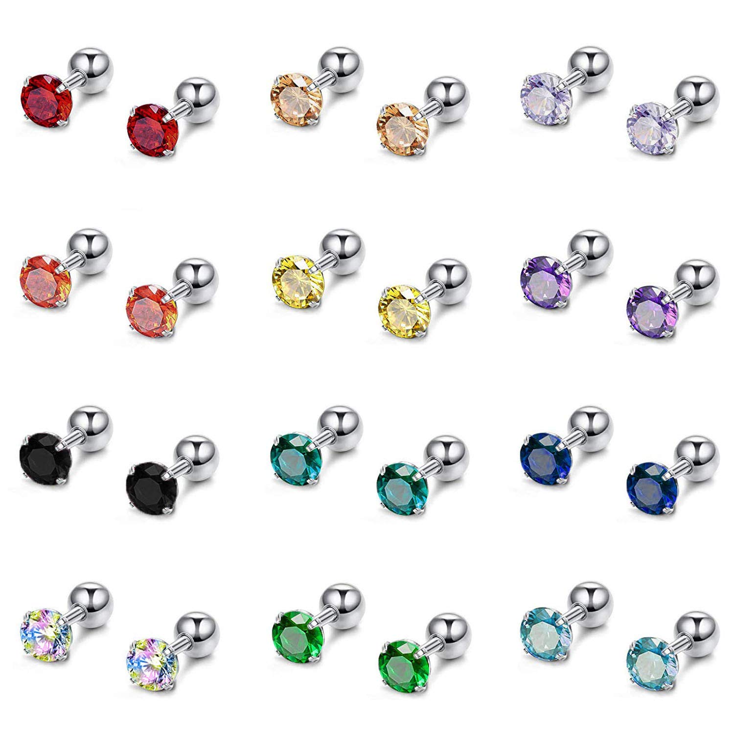 ZS 12 Pairs CZ Ear Stud Mixed Colors Cartilage Earrings Set Stainless Steel Barbell Studs Earrings Helix Tragus Piercing (Ball Backs,16g(1.2mm))