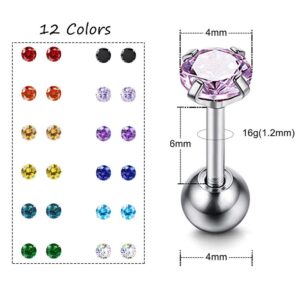 ZS 12 Pairs CZ Ear Stud Mixed Colors Cartilage Earrings Set Stainless Steel Barbell Studs Earrings Helix Tragus Piercing (Ball Backs,16g(1.2mm))