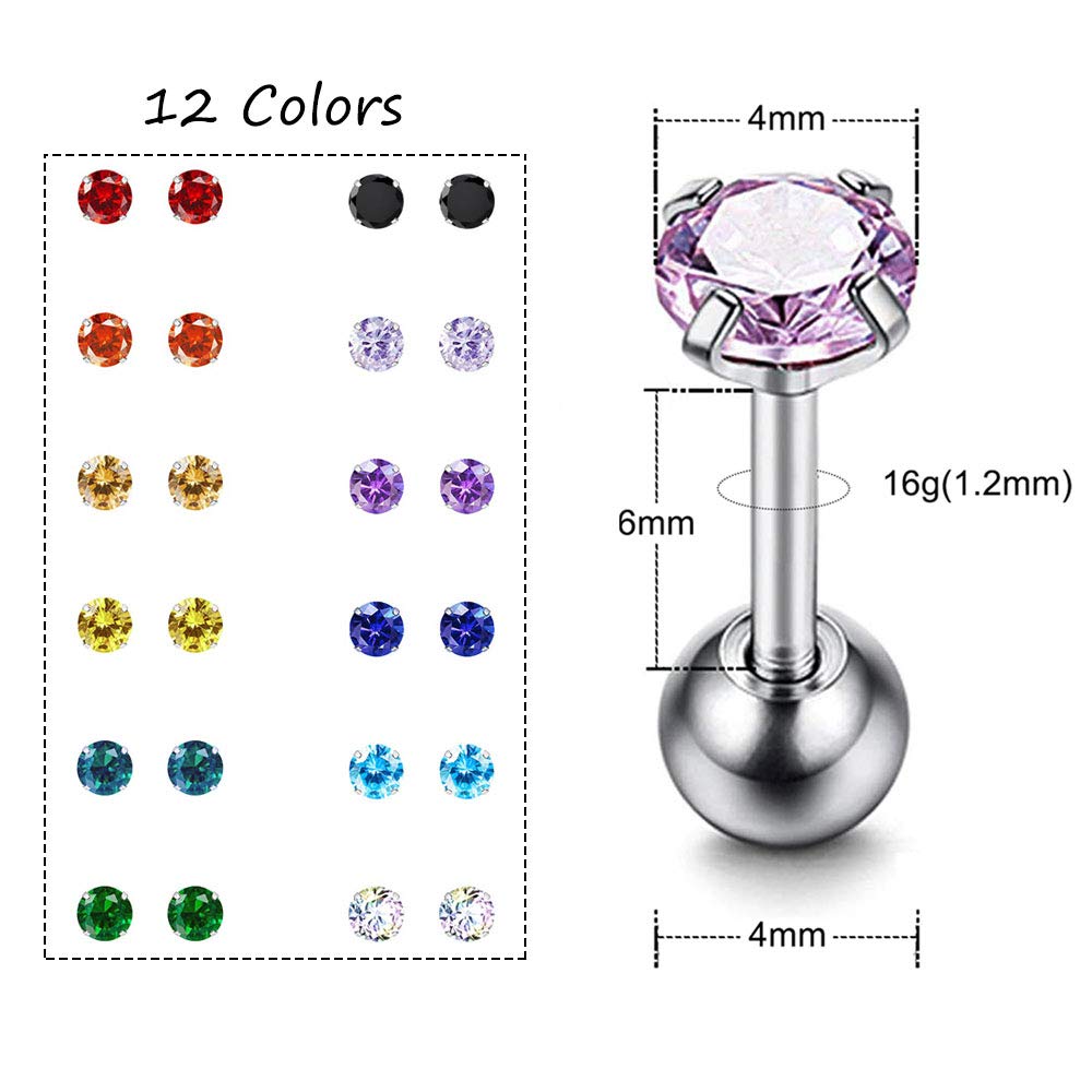 ZS 12 Pairs CZ Ear Stud Mixed Colors Cartilage Earrings Set Stainless Steel Barbell Studs Earrings Helix Tragus Piercing (Ball Backs,16g(1.2mm))