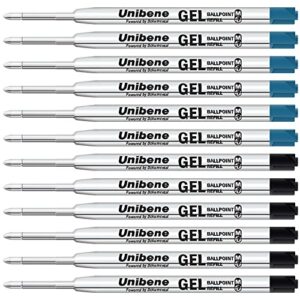 unibene parker compatible gel ink ballpoint refills 12 pack,0.7mm medium point- 6 black&6 blue, smooth writing replaceable german ink tactical pen refills for parker ballpoint/uzi pen