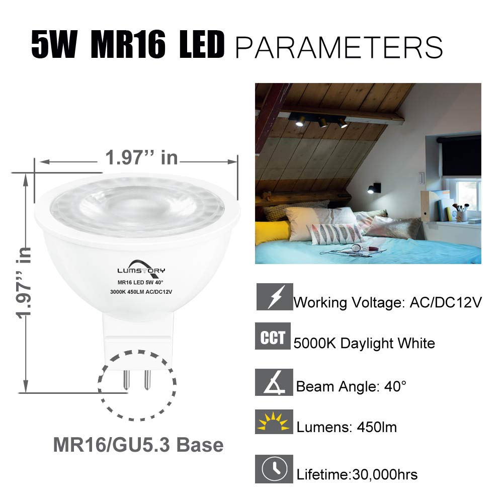 MR16 LED Bulb 5000K Daylight 12V GU5.3 Bipin Base Non-Dimmable 50W Equivalent Halogen Bulbs 5W LED Replacement for Landscape Track Lighting 10-Pack