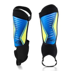 rawxy football soccer shin guards with exceptional flexible soft light weight - great for boys girls junior youth(blue yellow,l)