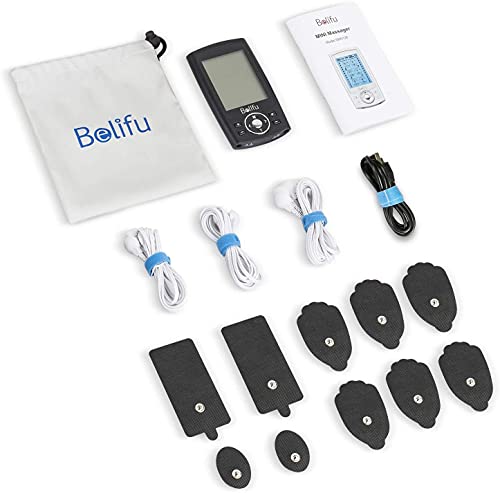 Belifu Dual Channel TENS EMS Unit 24 Modes Muscle Stimulator for Pain Relief Therapy, Electronic Pulse Massager Muscle Massager with 10 Pads, Dust-Proof Drawstring Storage Bag, Fastening Cable Ties