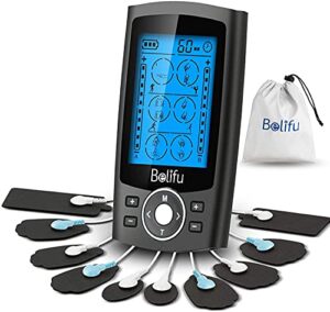 belifu dual channel tens ems unit 24 modes muscle stimulator for pain relief therapy, electronic pulse massager muscle massager with 10 pads, dust-proof drawstring storage bag, fastening cable ties